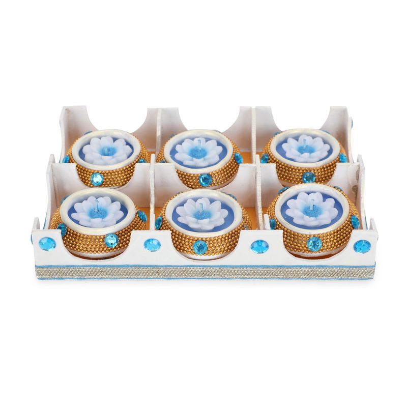 6 Pc Set Decorated Golden Clay MATKI with Blue and White Wax Filled ...