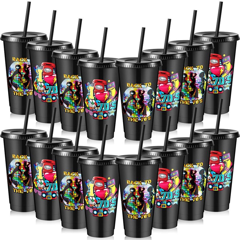 Uiifan 16 Pcs Back to the 70's Party Reusable Cups with Lids and Straws ...