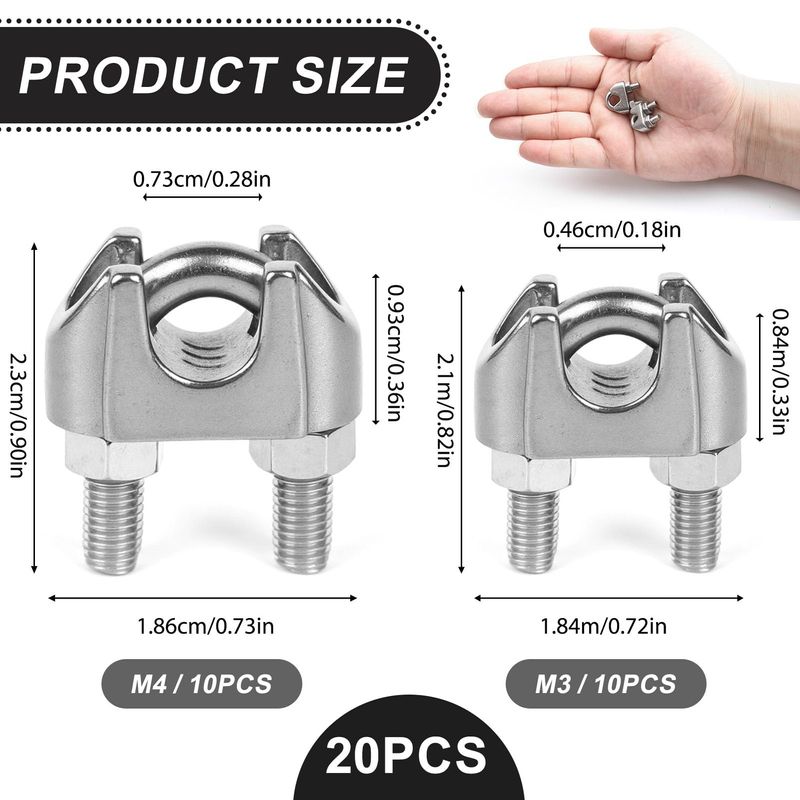 20Pcs Wire Rope Clips Cable Clamps M3 and M4 Stainless Steel U-Bolt for ...