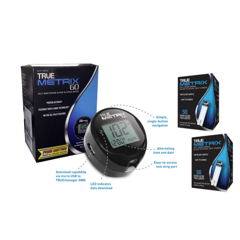 TRUE Metrix GO Blood Glucose Meter kit Plus Metrix 100 Test Strips ...