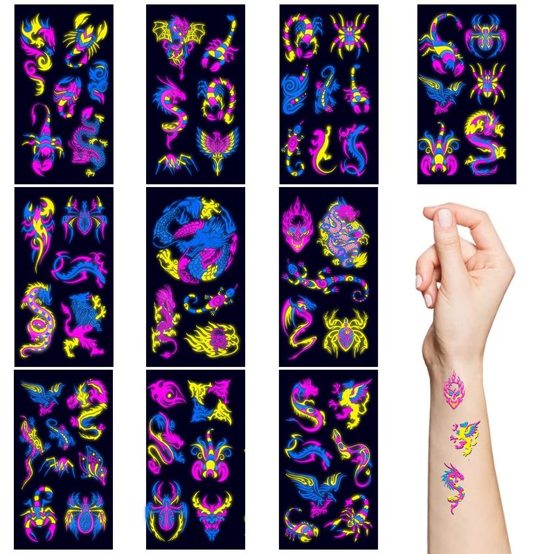 Neon Temporary Tattoo,10 Sheet Glow in the Dark UV Neon Body Face Skin Tattoo Flash Fake Dragon ...