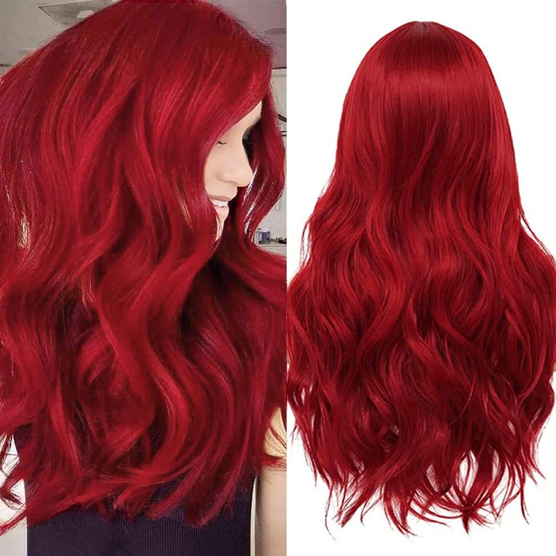 Amnenl Long Wavy Red Wig for Women Middle Part Synthetic Hair ...