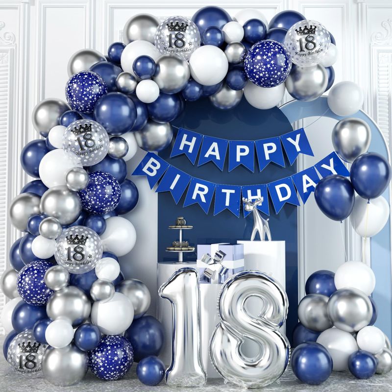18th Birthday Decorations Blue Silver Balloons Arch Kit with Number Foil Confetti Balloon Happy ...