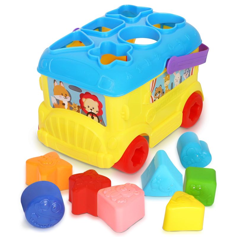 Playkidiz Bus Shape Sorter Toy - Kids Block Sorter with 16 Colorful ...