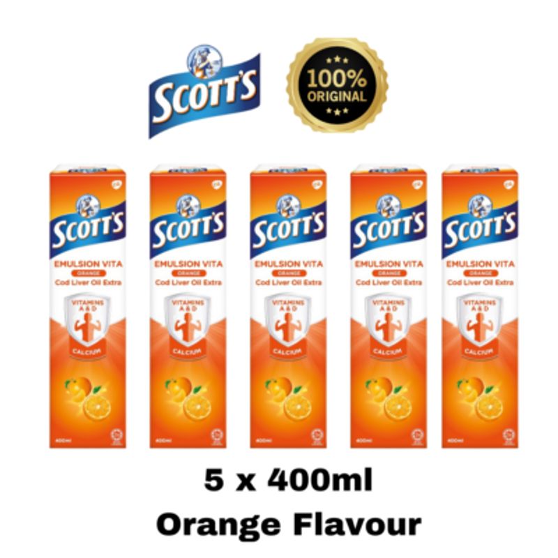 5 X 400ml Scott's Emulsion Cod Liver Oil Orange Flavour Vit A & D DHL ...