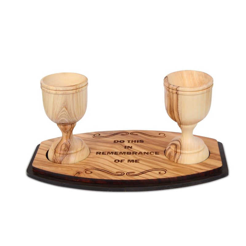 2 Small Olive Wood Communion Cups with Engraved Tray – Do This in ...