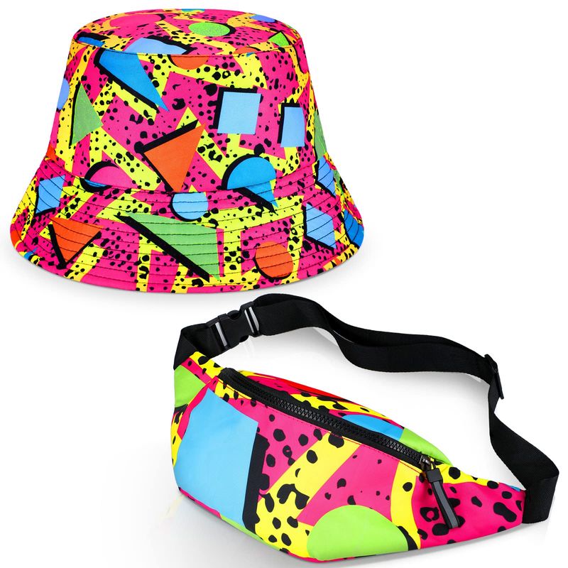 2 Pcs 80s 90s Fanny Pack Bucket Hats Set for Men Women Neon Waist Packs ...