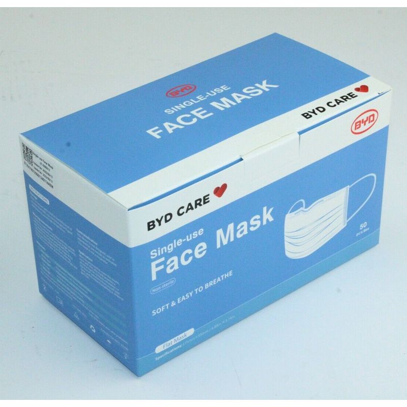 BYD CARE Face Flat Mask Disposable Single Use Box of 50 Masks - Online ...