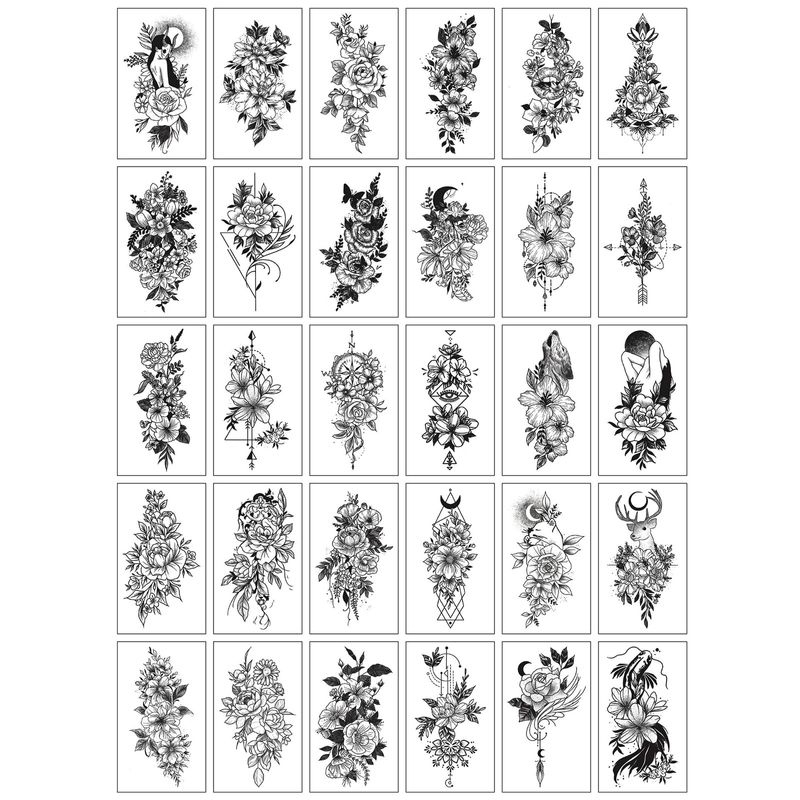 Anseom 30 Sheets Temporary Tattoos Stickers Black Flowers Fake Tattoos ...