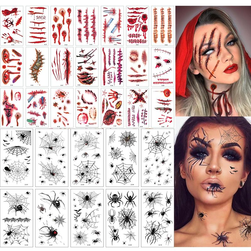 40 Sheets 3D Spider Web&Fake Scar Temporary Tattoos Halloween Makeup ...