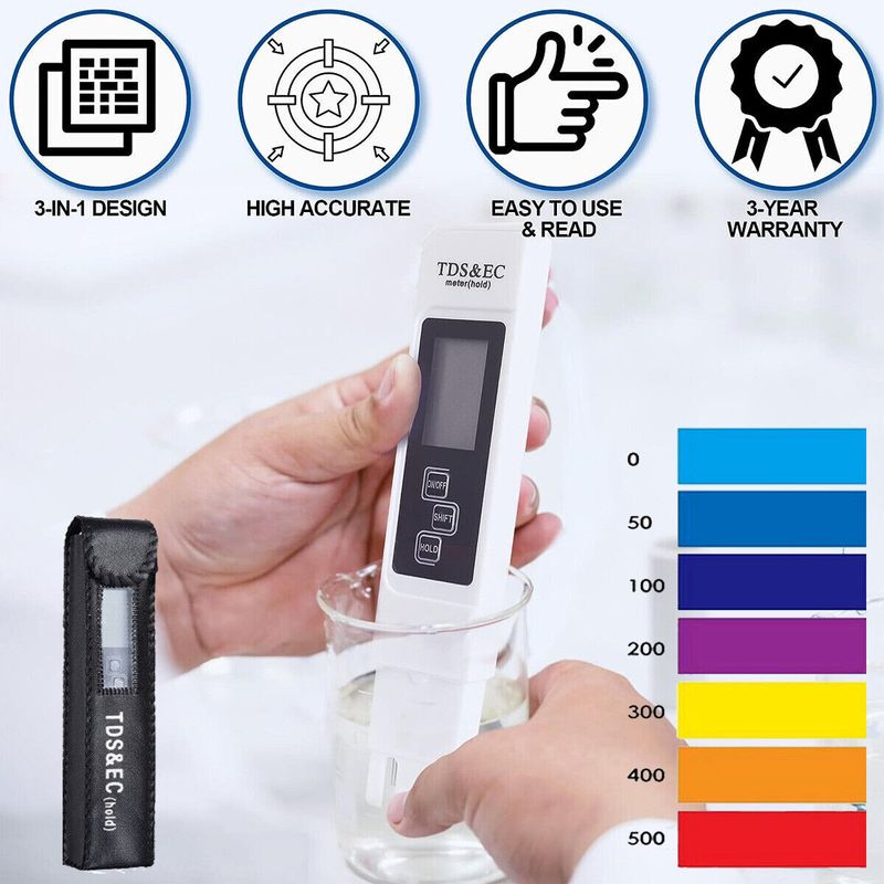 3-in-1 TDS Meter Digital Water Tester 0-9999ppm Hydroponics Accurate ...