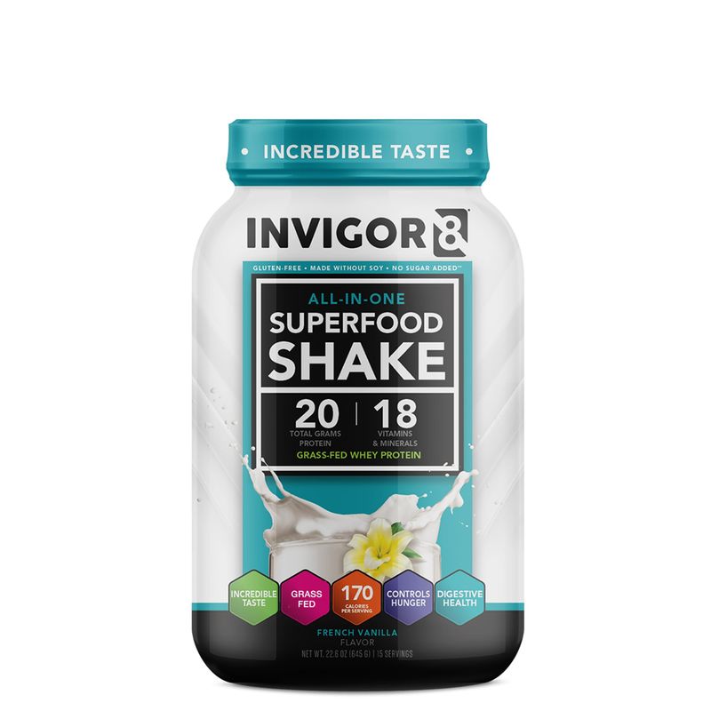 INVIGOR8 Superfood Grass Fed Whey Protein Isolate Shake French Vanilla Gluten-Free and Non GMO ...