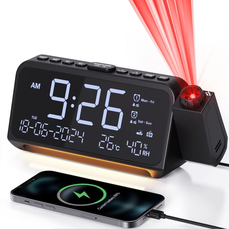 Mesqool Radio Alarm Clock with 320° Projector, Digital Clock for ...