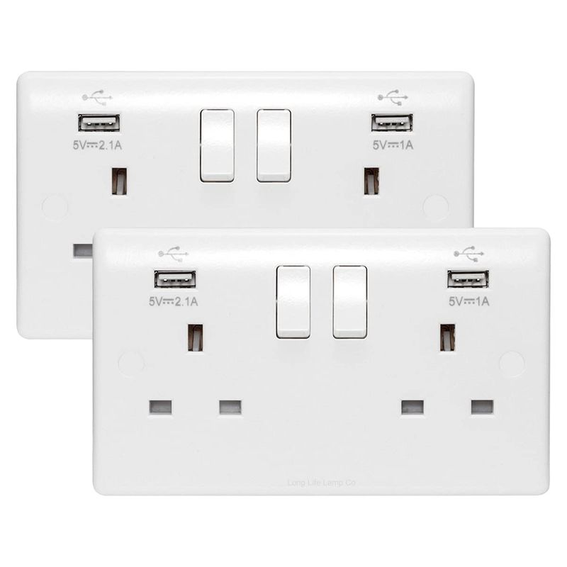 2 x USB Double Wall Plug Socket 2 Gang 13A with 2 USB Charger Port ...