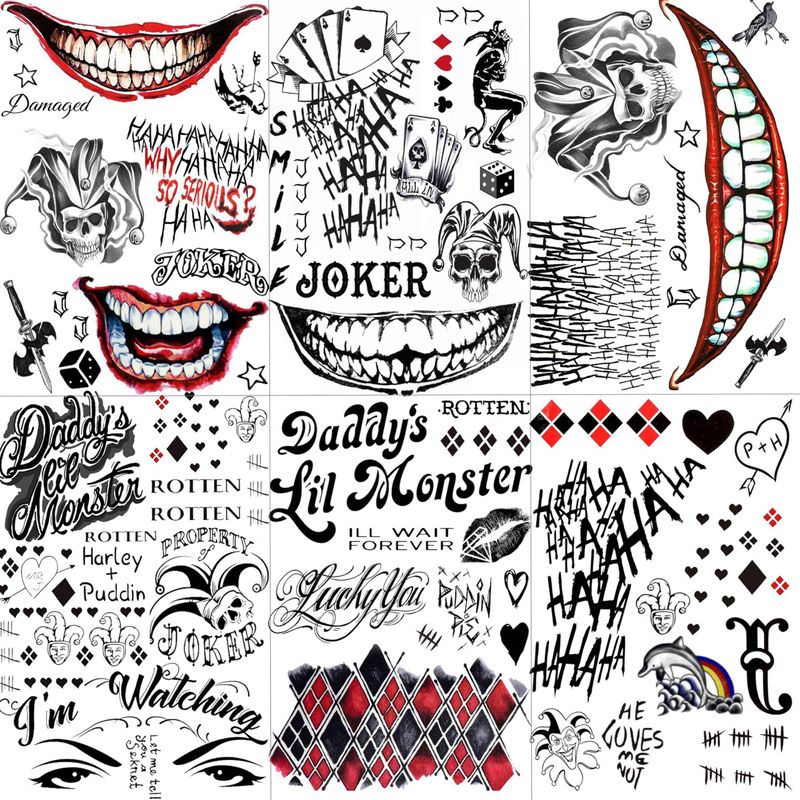 6 Sheets Halloween Joker Tattoo Sticker Decals, Damaged Joker Temporary ...