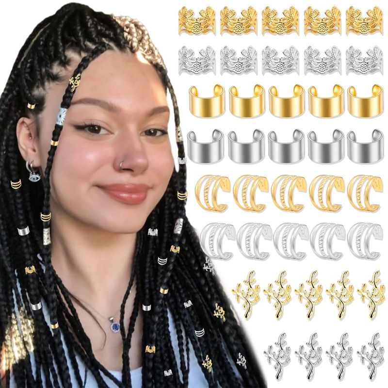 VENOFEN 40PCS Hair Jewelry for Braids Gold&Silver Hair Cuffs Adjustable ...