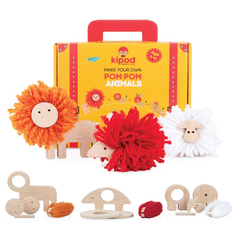 Kipod Pompom Animals Wooden Toys Kit – DIY Lion, Porcupine, and Sheep ...