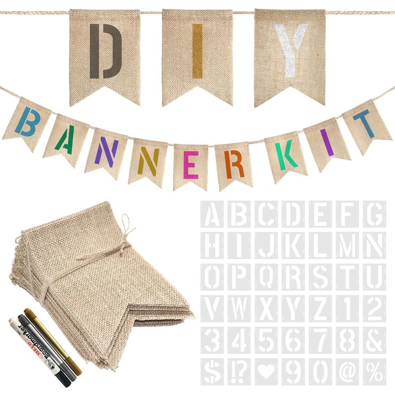 48 PCS Burlap Banner DIY Kit With 42 PCS Letter Stencil Banner Burlap ...