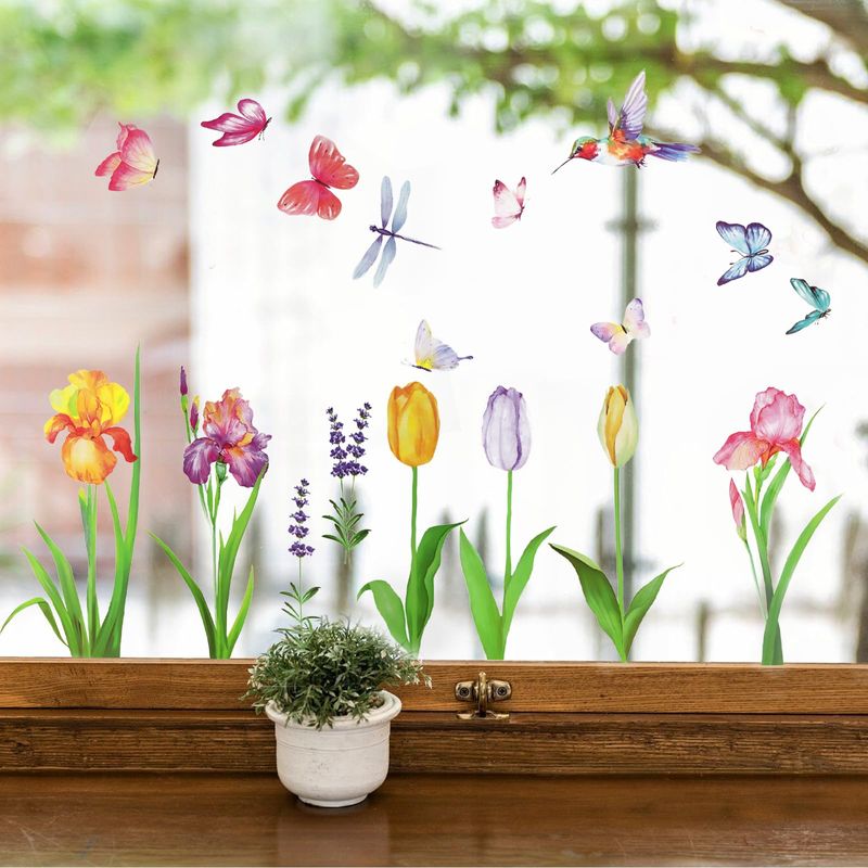 9 Sheets Spring Summer Window Stickers Tulips Iris Flower Window Clings ...