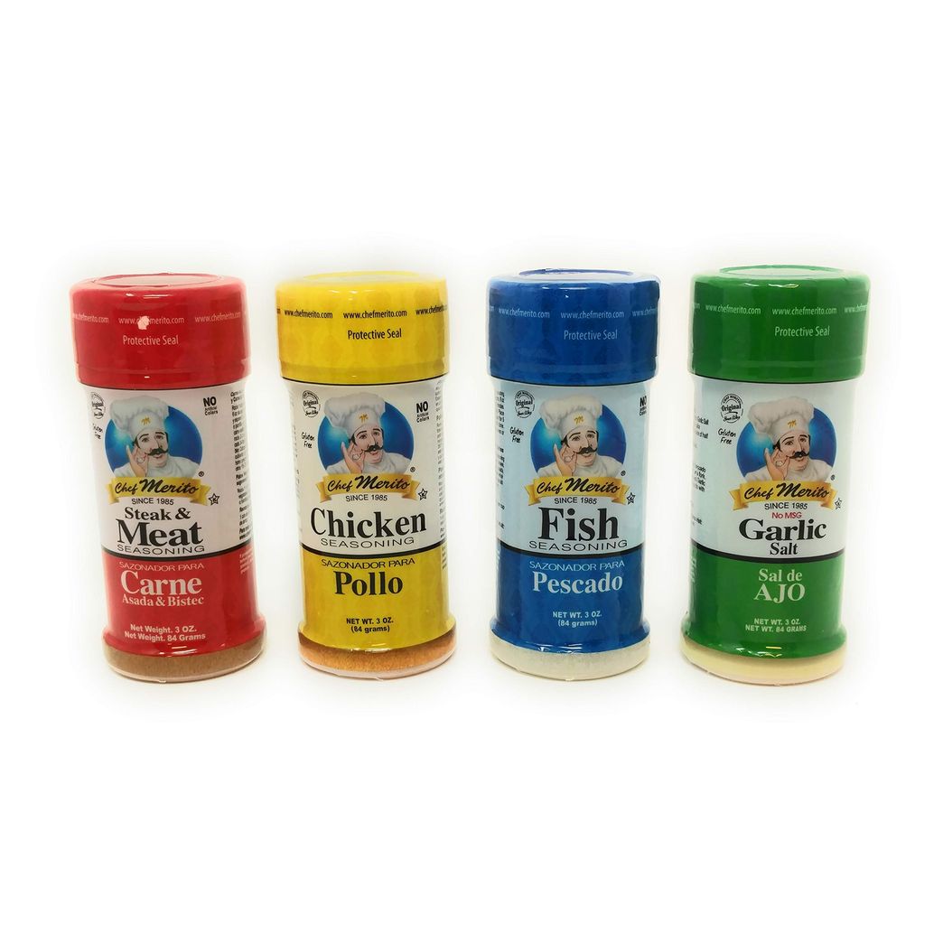 Chef Merito Mexican Seasoning Beef Chicken Fish Garlic Salt Combo Pack 3 oz each. Great for dishes like Carne Asada Chicken Fajitas and Enchiladas Grilled Meats and Many More EveryMarket