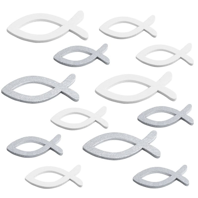 FEPITO Pack of 120 Wooden Fish Decoration Silver White Fish Confetti ...