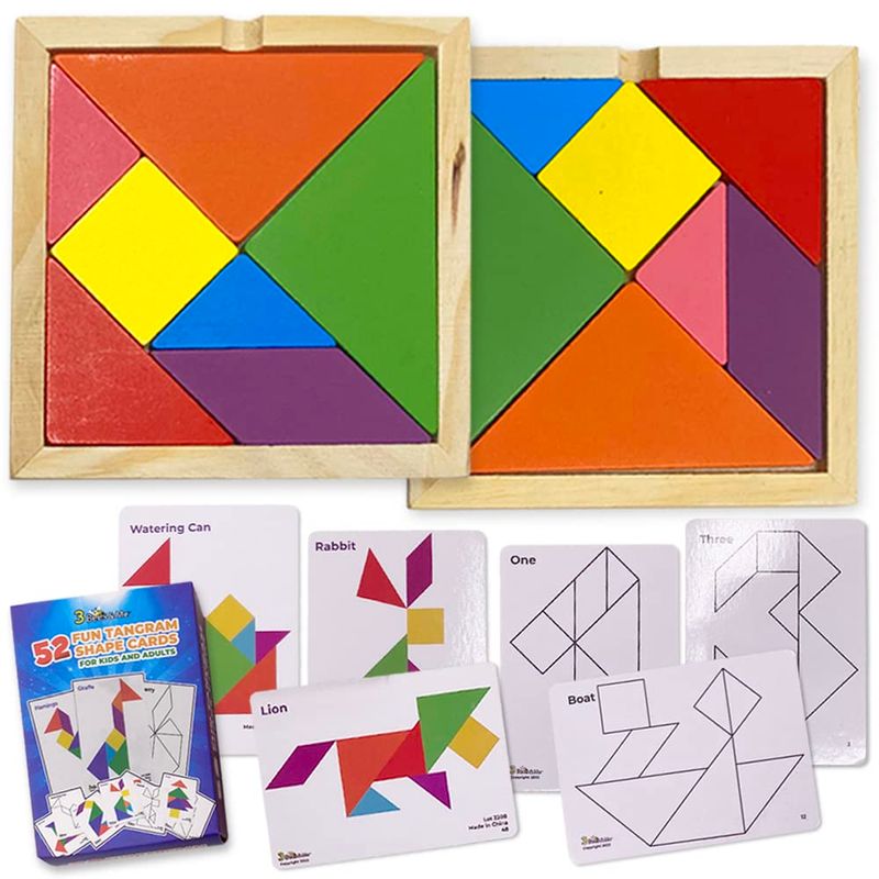 3 Bees & Me 2 Wooden Tangram Shapes Puzzle Toys with 52 Pattern Cards ...