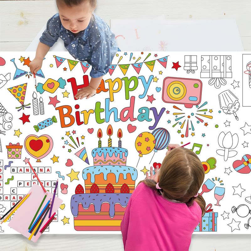 POPOYU Giant Kids' Birthday Coloring Poster, 31x72in Table Cloth, Happy ...