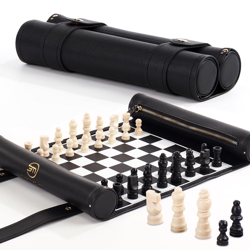 ThreeMoves Roll Up Chess Set - 11" Foldable Leather Chess Mat with Wooden Chess Pieces ...