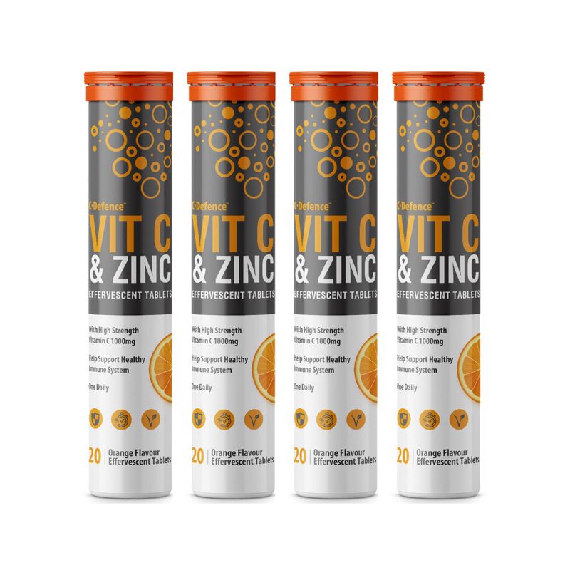 Vitamin C 1000mg & Zinc 15mg Orange Flavour Effervescent Tablets by Club Vits (4 Tubes of 20 ...