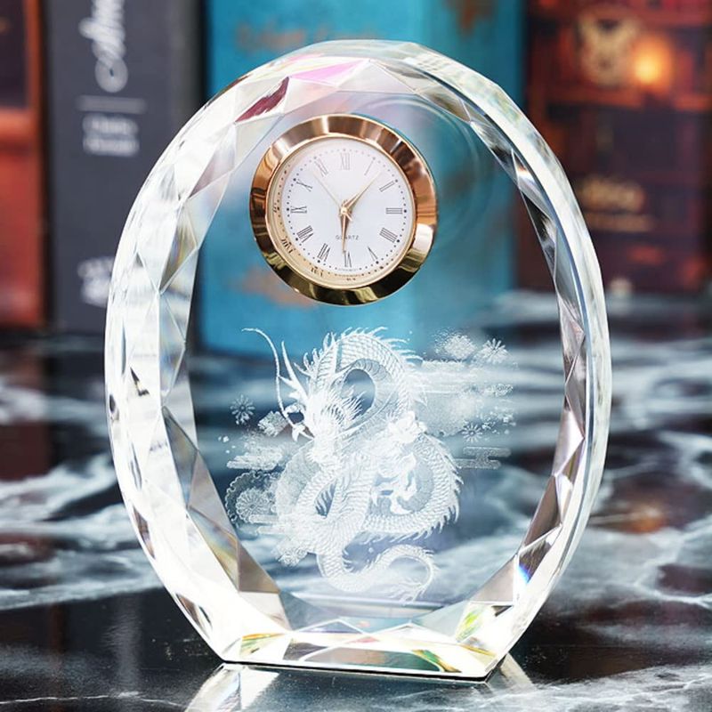 Crystal Table Clock, Dragon, Name Engraving, Souvenir, Inauguration ...