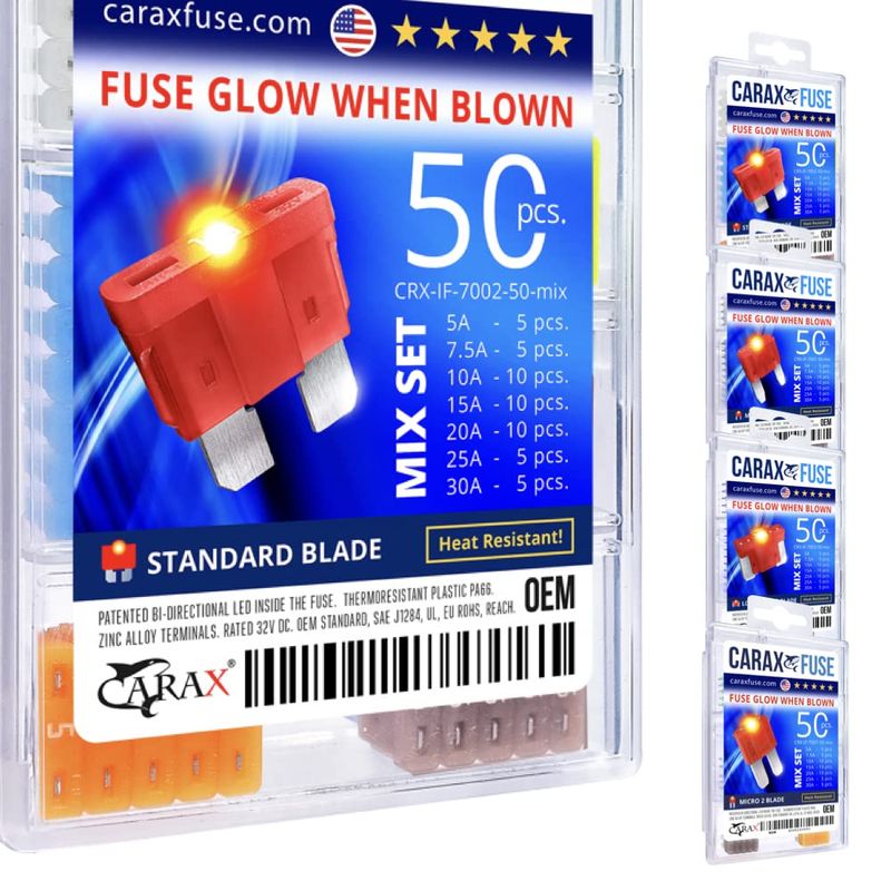 CARAX Glow Fuse – Premium Fuse Standard/Regular Blade ATC/ATO/ATS – 50 pcs. Assortment Kit ...