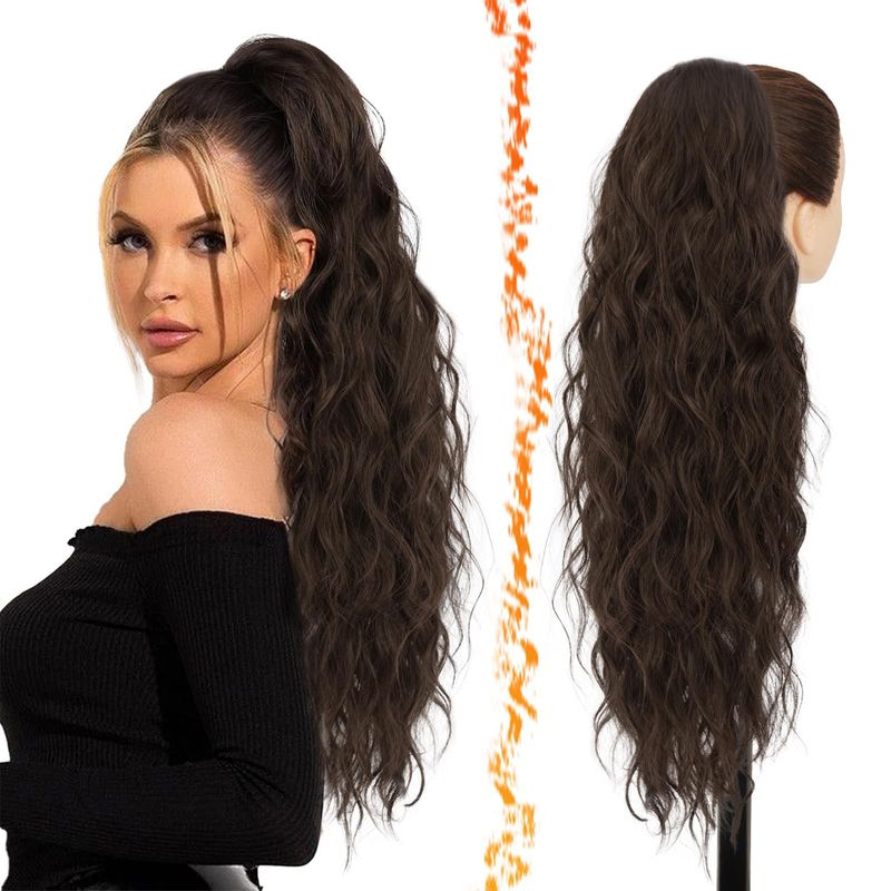 BARSDAR Drawstring Brown Ponytail Extension, 26 Inch Long Curly Wavy ...