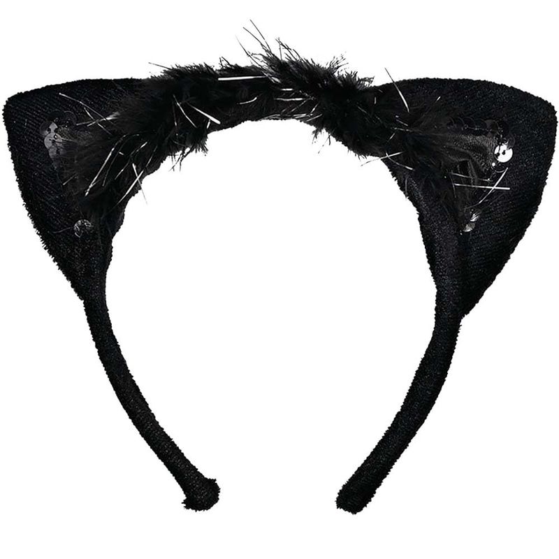 Amscan Fancy Black Cat Ears Headband - Glamorous Sequins & Marabou ...