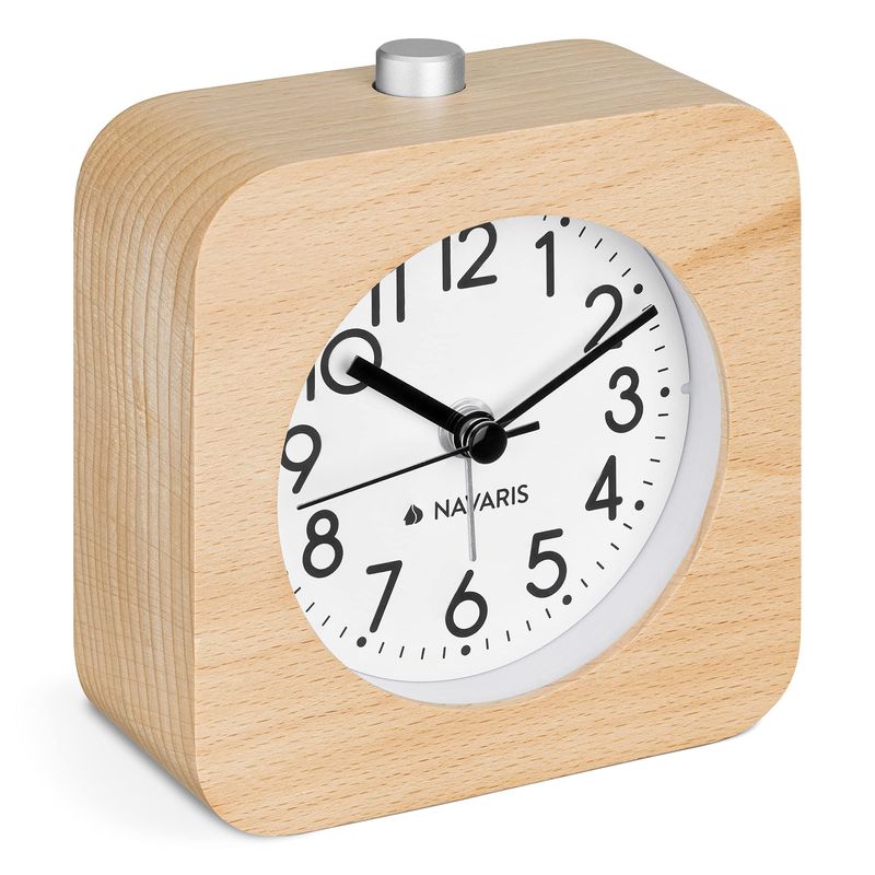 Navaris Analogue Wood Alarm Clock - Square Retro Table Clock Design ...