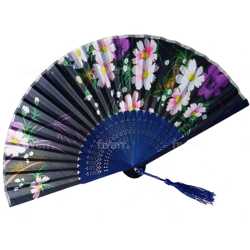 Black Background with Mum Floral Patterned Hand Fans Come With Fan Bag ...