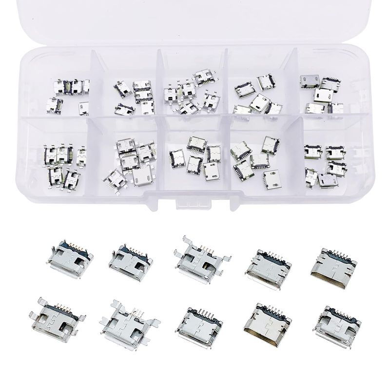 PENGLIN 50 Pcs 10 Models Micro USB Female Sockets Connector, 5-Pin Jack ...