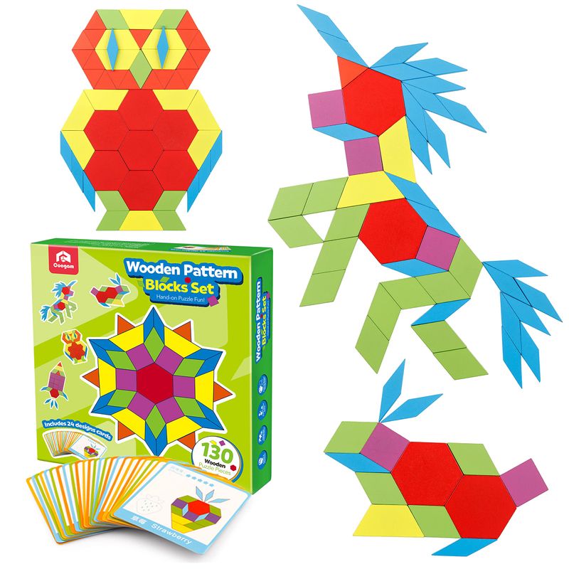 Coogam Wooden Pattern Blocks Set 130PCS Geometric Color Shape ...