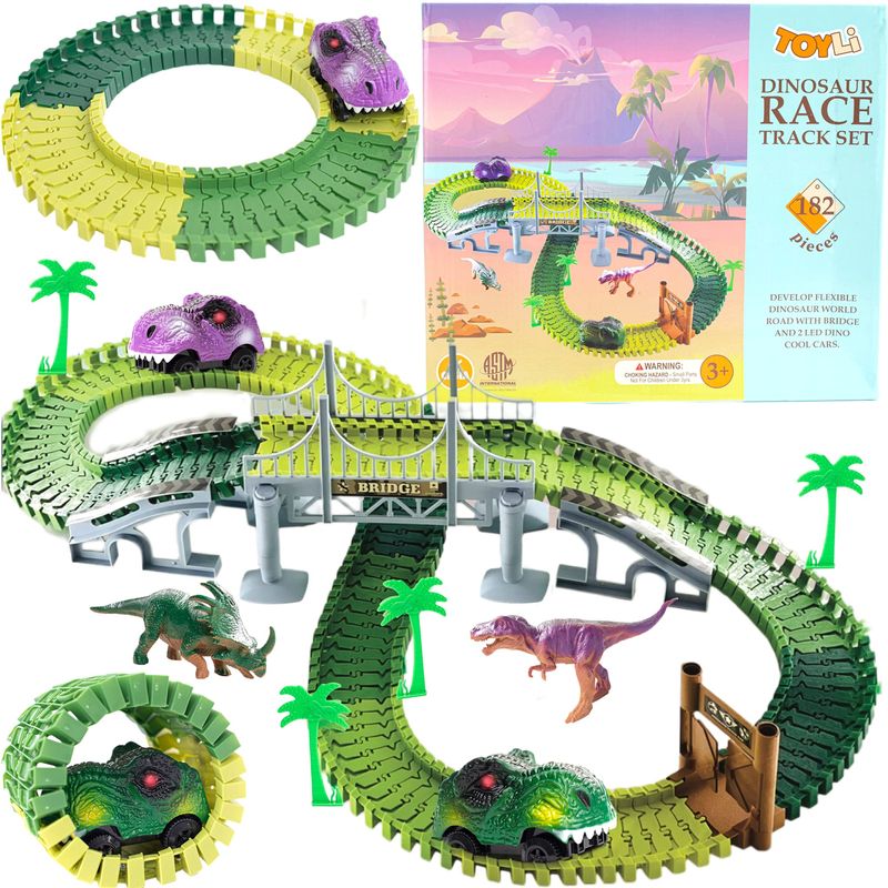 TOYLI Dinosaur Race Track Set 182 Pieces, Dino Track Flexible Dinosaur ...