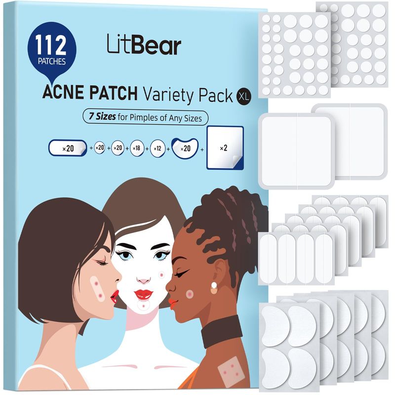 LitBear Large Pimple Patches (7 Sizes 112 Patches), Big Acne Patches ...