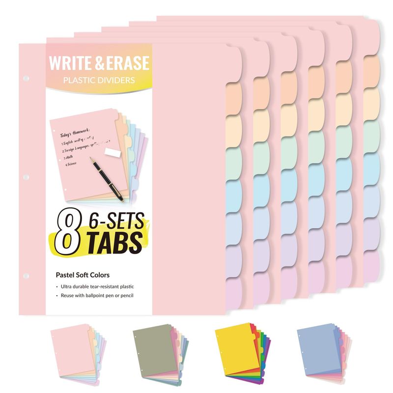 Sooez 8 Tabs Long-Lasting Plastic Write & Erase Large Tabs Dividers for ...