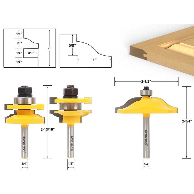 Yonico 12338q Ogee 3 Bit Raised Panel Cabinet Door Router Bit Set 1/4 ...
