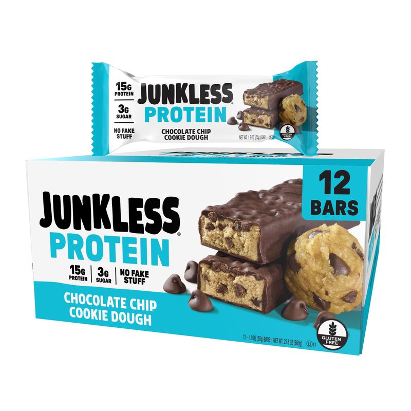 JUNKLESS Protein Bars - Chocolate Chip Cookie Dough - 15g Protein, No ...
