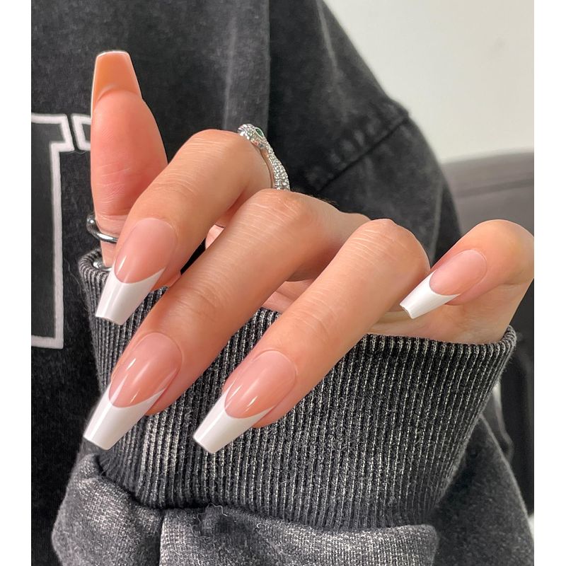 Morily Light Pink White French Tip Press on Nails, 30Pcs Long Coffin ...