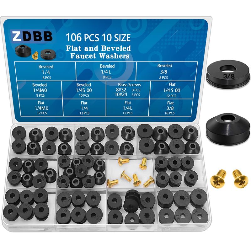 ZDBB 106 pcs Flat and Beveled Tap Valve Washers and Brass Bibb Screws ...
