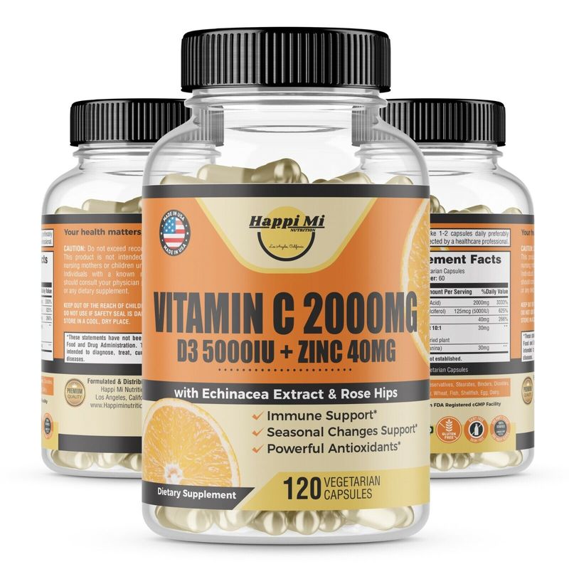 Vitamin C 2000MG D3 5000IU + ZINC 40MG, Echinacea and Rosehips. immune ...