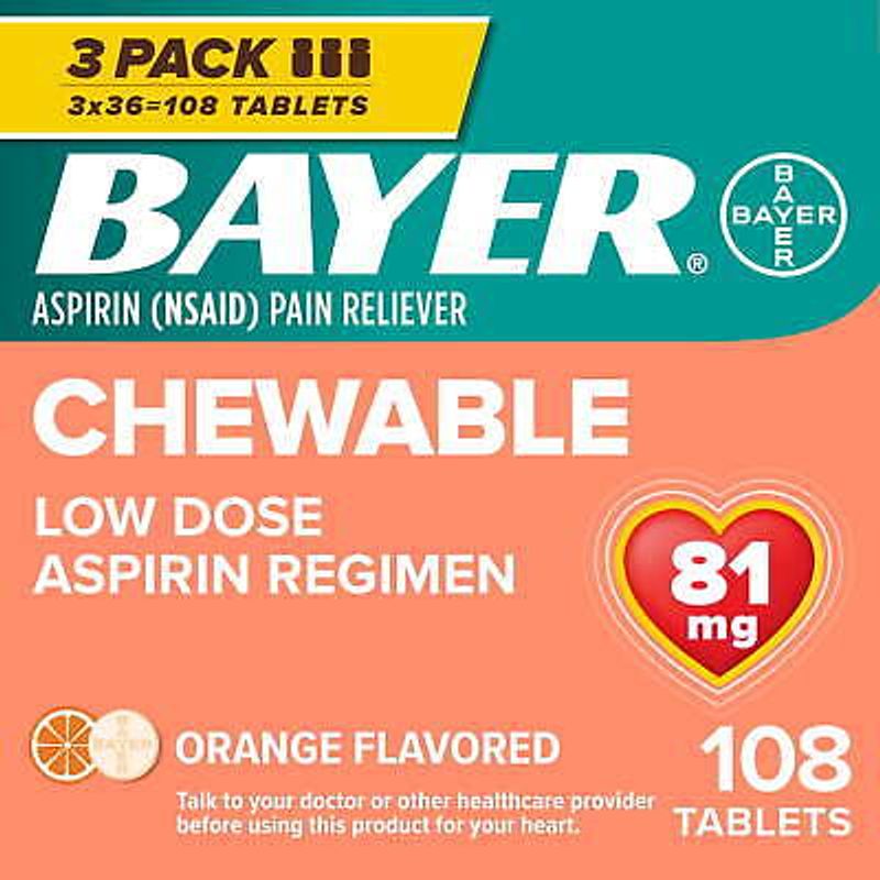 Bayer Chewable Aspirin Regimen 81mg Low Dose Pain Relief Tablets ...