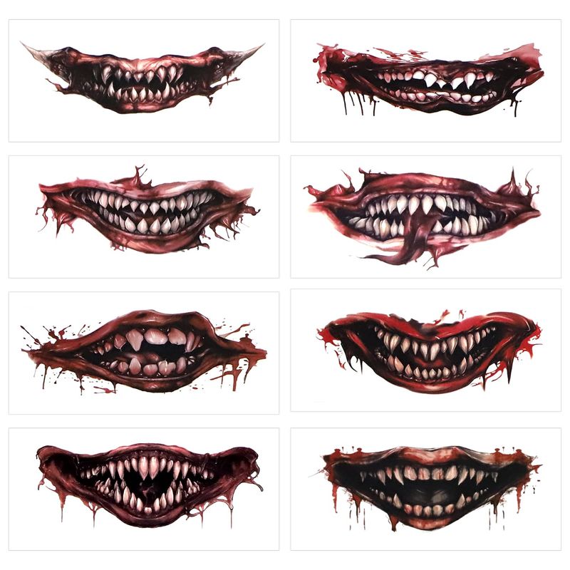 Halloween Tattoo Stickers, 8 Sheets Halloween Clown Horror Mouth Face ...