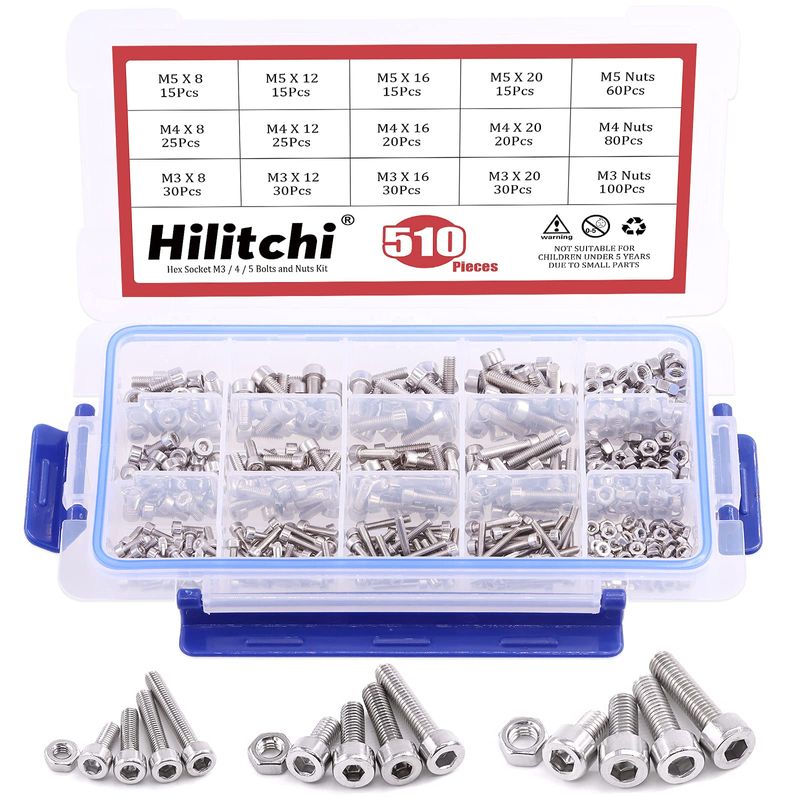 Hilitchi 510pcs M3 M4 M5 Stainless Steel Hex Socket Head Cap Bolts Screws Nuts Assortment Kit ...