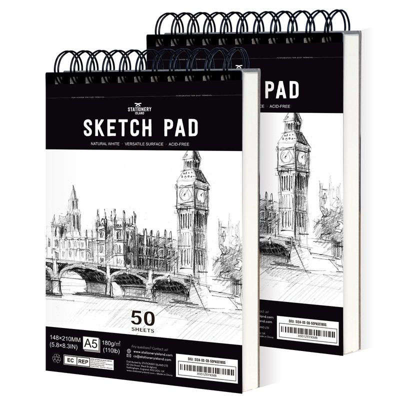 STATIONERY ISLAND Sketch Pad, A5 Sketch Book 180 g/m² Thick Paper, 100 Pages / 50 Sheets Spiral ...