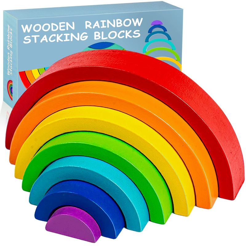 Wooden Rainbow Stacking Toy, Wood Rainbow Stacker Arch Game, Montessori ...